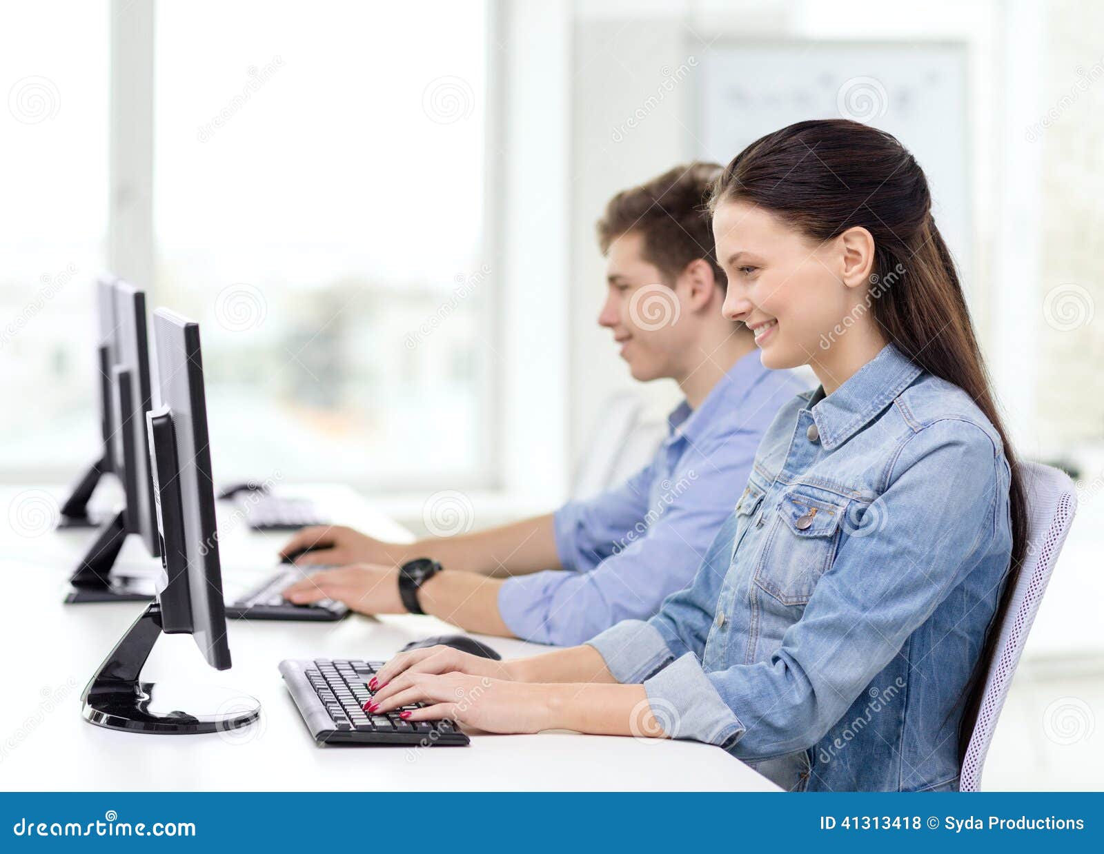 Two Smiling Students in Computer Class Stock Photo - Image of smiling ...