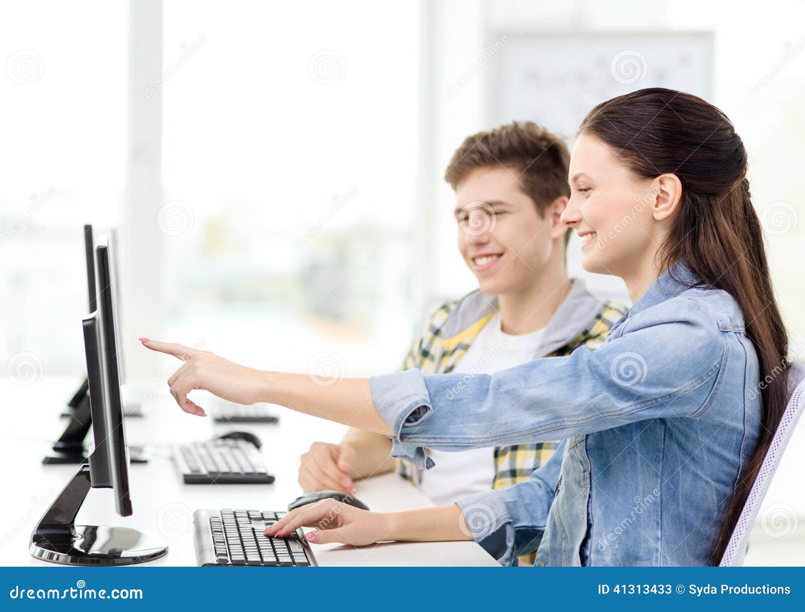 Two Smiling Students in Computer Class Stock Image - Image of happy ...