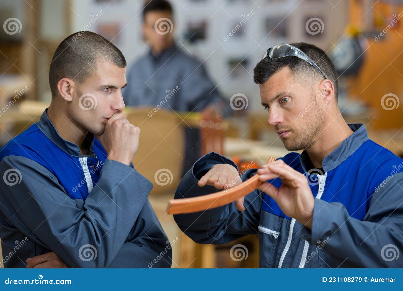 Two Smiling Technicians in Workshop Stock Image - Image of joiner ...