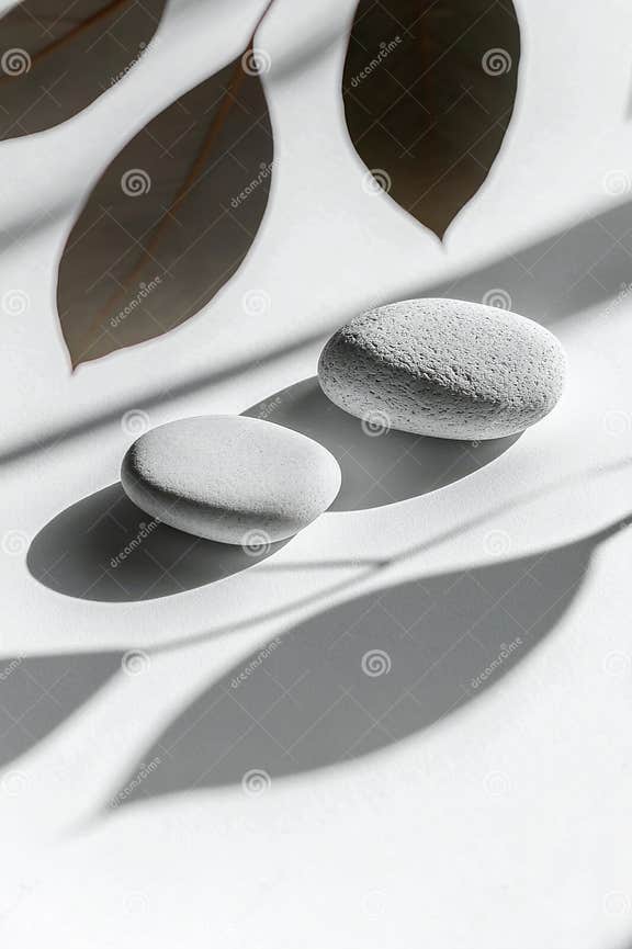 Two Smooth White Stones Casting Shadows on a Light Background with ...