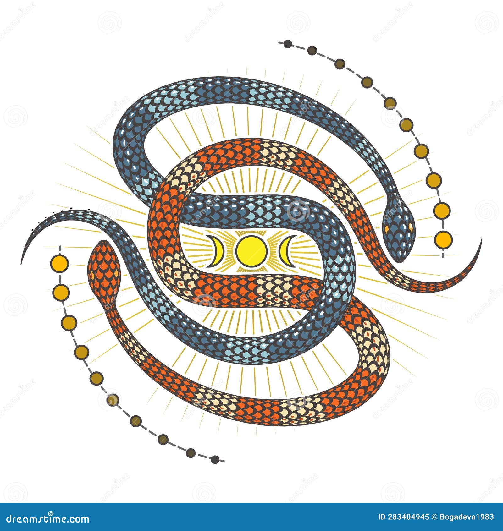Two Snakes Of Duality And Moon Astrological Esoteric Colored Emblem ...