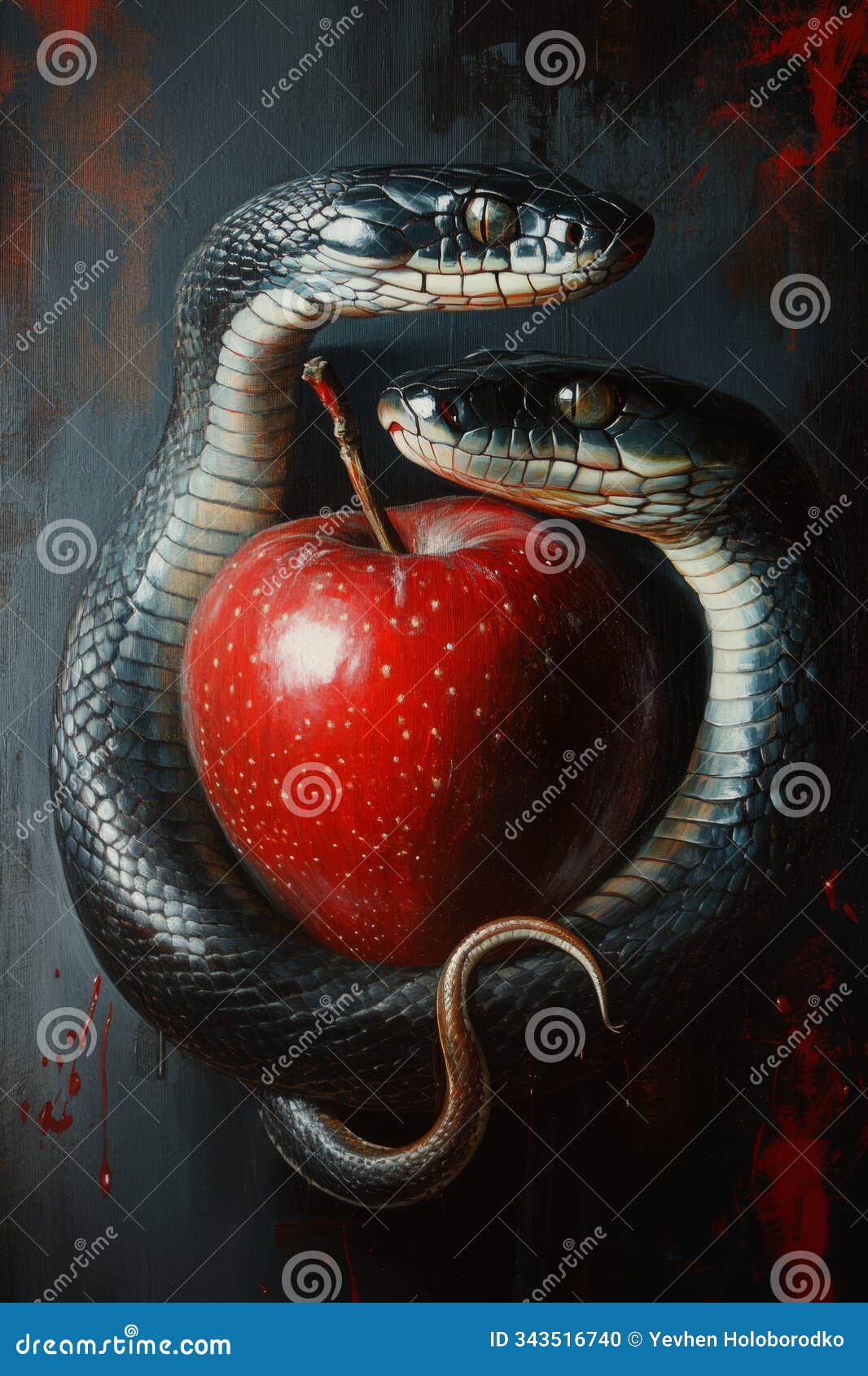 Two Snakes Playfully Interacting with a Large Red Apple in a Lush Green ...