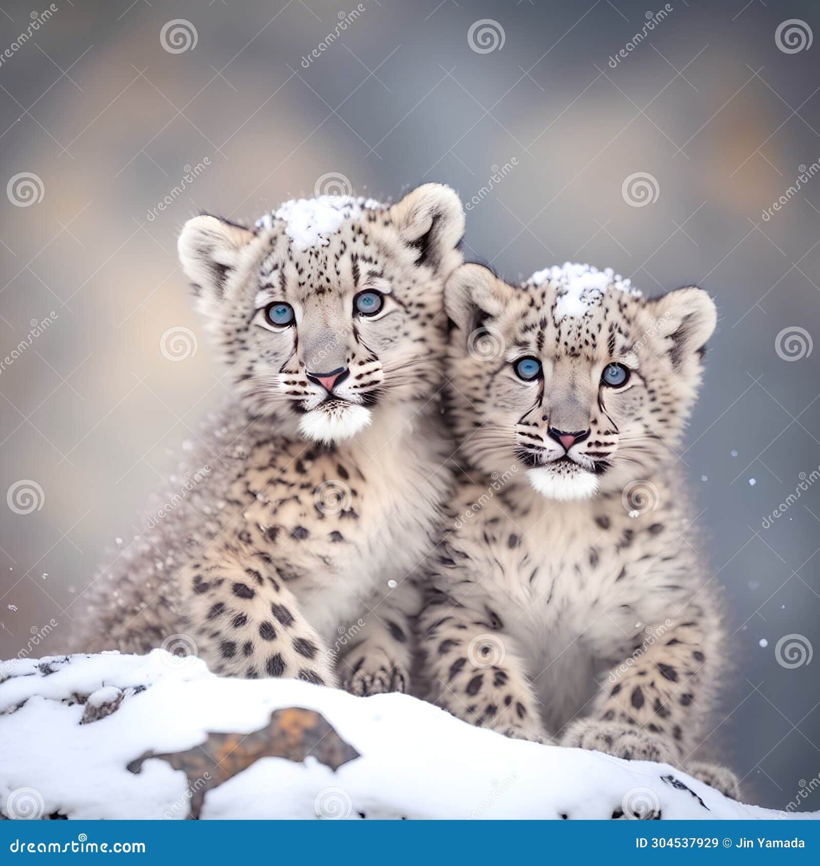 Two Snow Leopard Cubs (Panthera Pardus) Sitting on Snow Stock ...