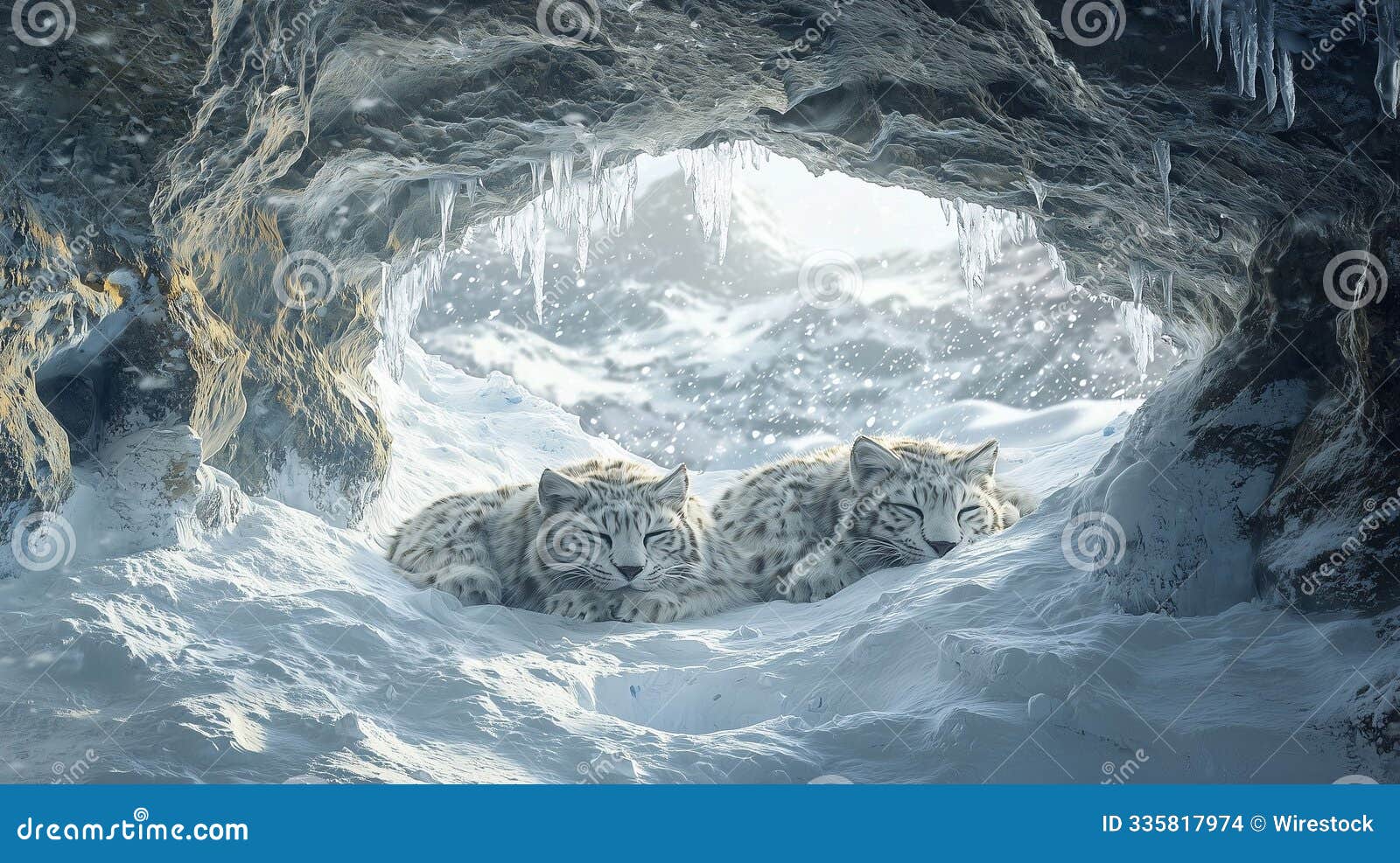 Snow Leopards Rest Peacefully Inside a Snow-covered Ice Cave, with ...
