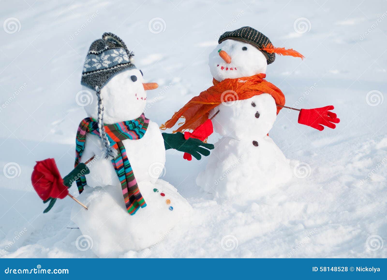 Two Snowmen - a Lovely Couple Stock Photo - Image of coal, real: 58148528