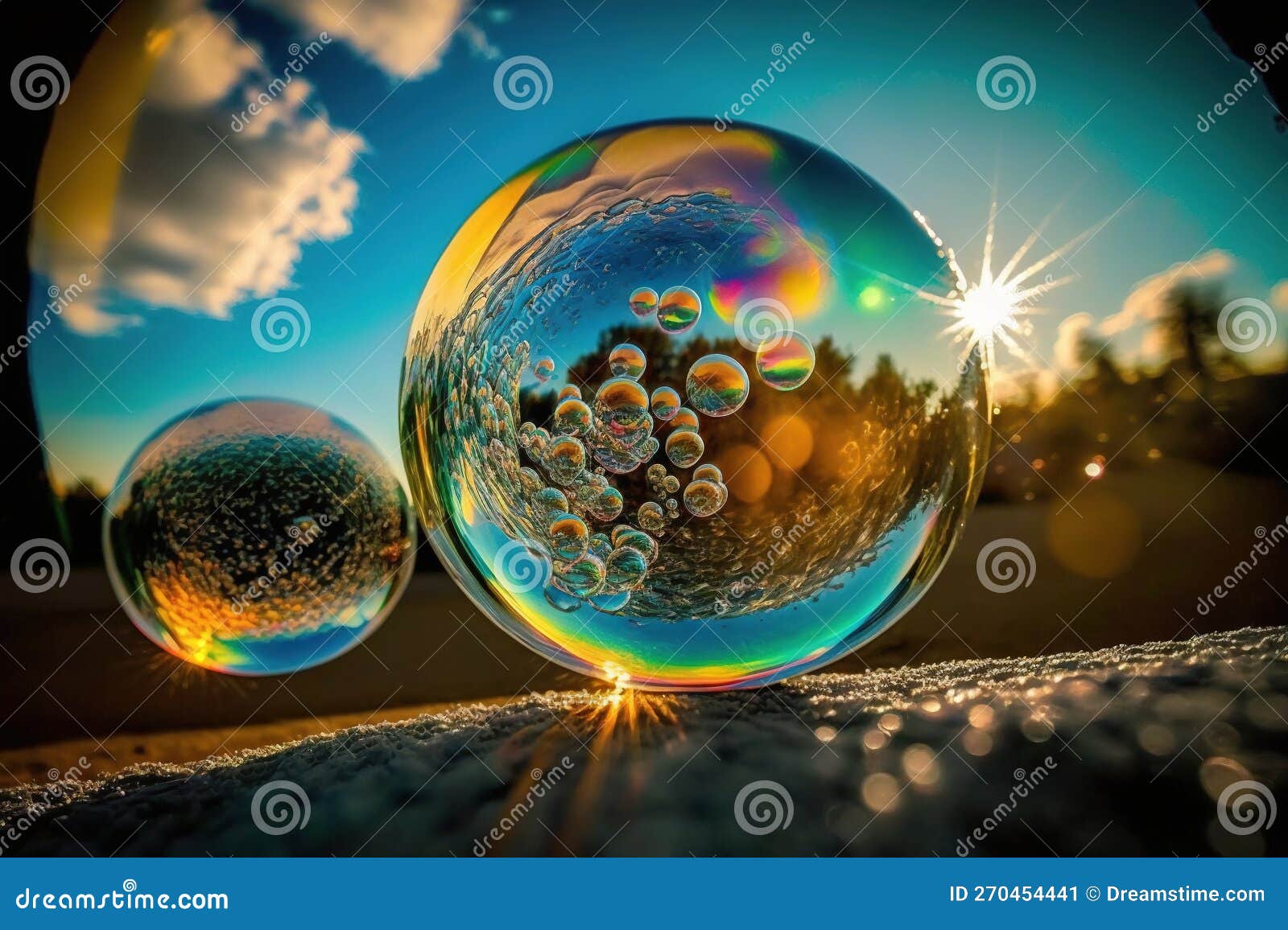 Two Soap Bubbles Sitting on Top of a Cement Ground Next To Trees ...