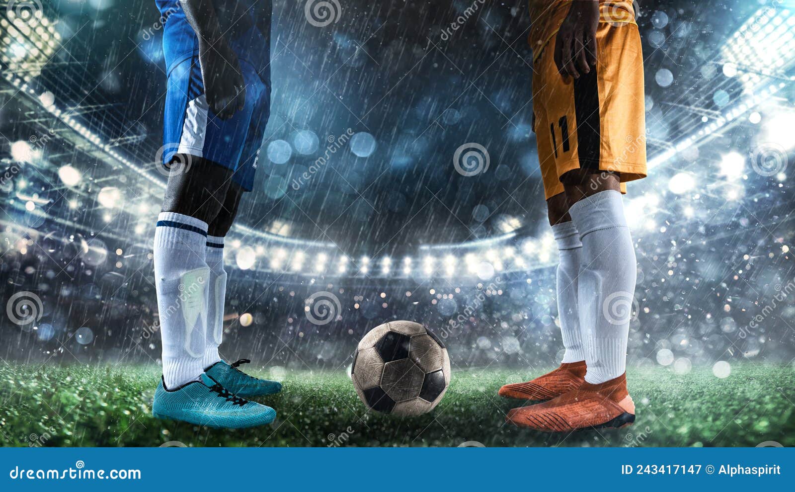 Two Soccer Players Challenge Each Other at the Stadium Stock Image ...