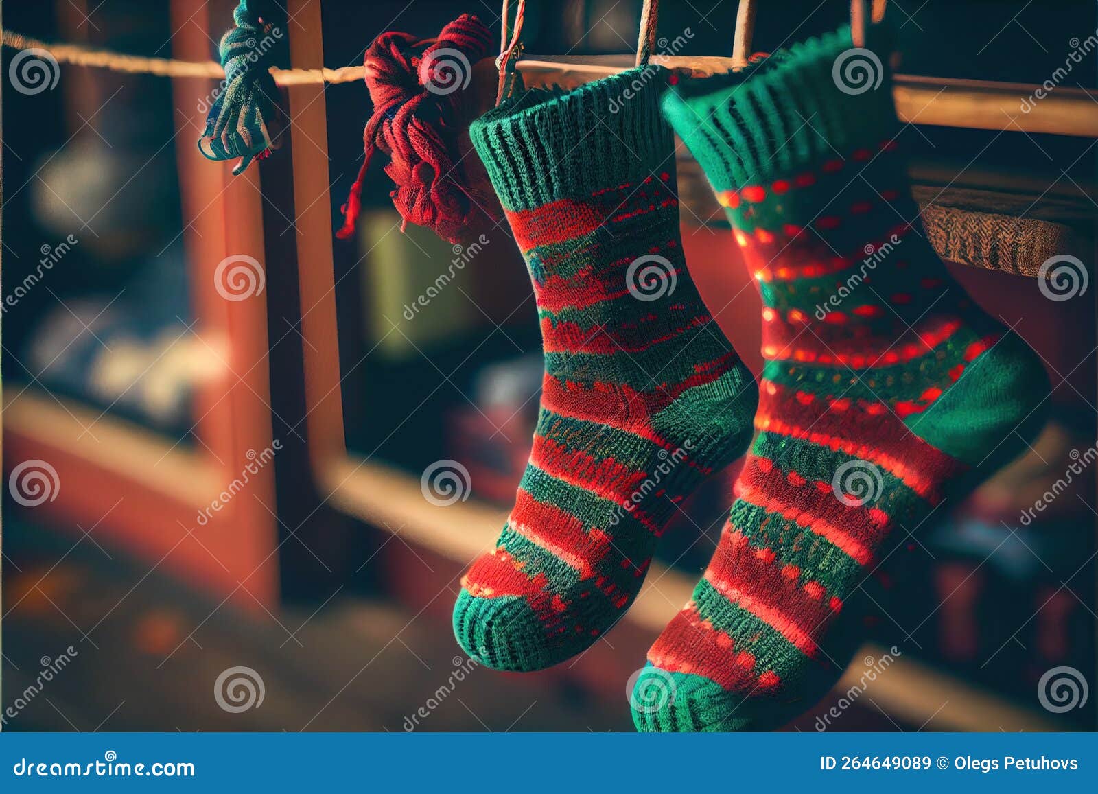 Two Socks Hanging on a Clothes Line with a Red and Green Striped Sock ...