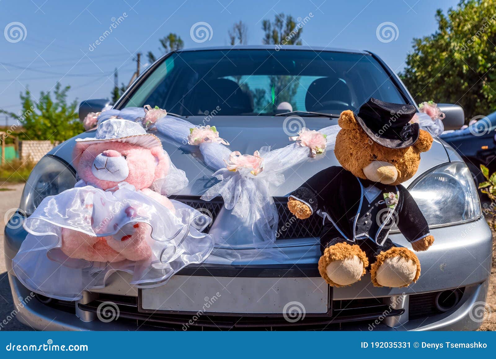 Two Soft Teddy Bear on the Hood of Car. Stock Image - Image of animal ...