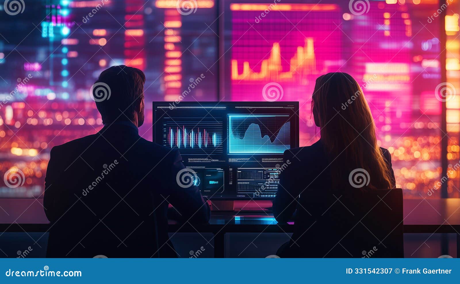 Two Software Developers Working Late at Night in a Dark Office ...