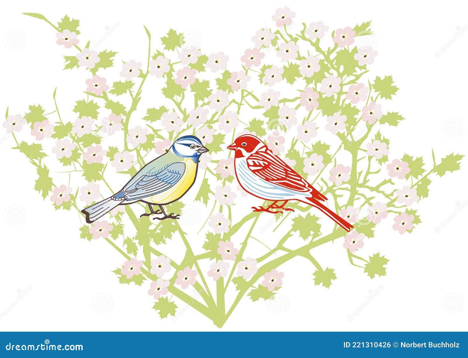 Two songbirds on a tree stock vector. Illustration of wedding - 221310426
