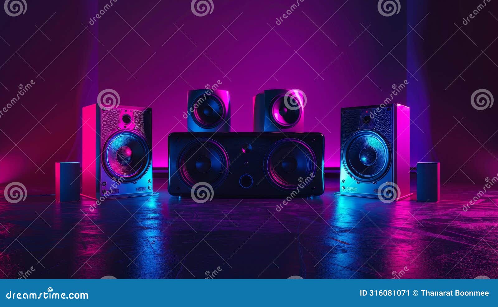 Two Sound Speakers and a Subwoofer Against a Dark Background with Neon ...