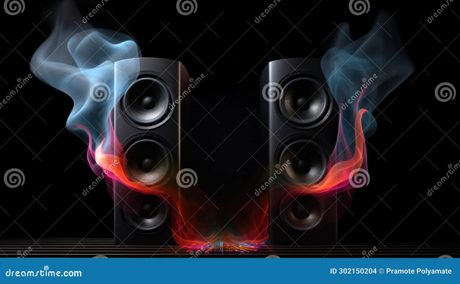 Two Sound Speakers with Sound Wave between Them on Black Stock ...