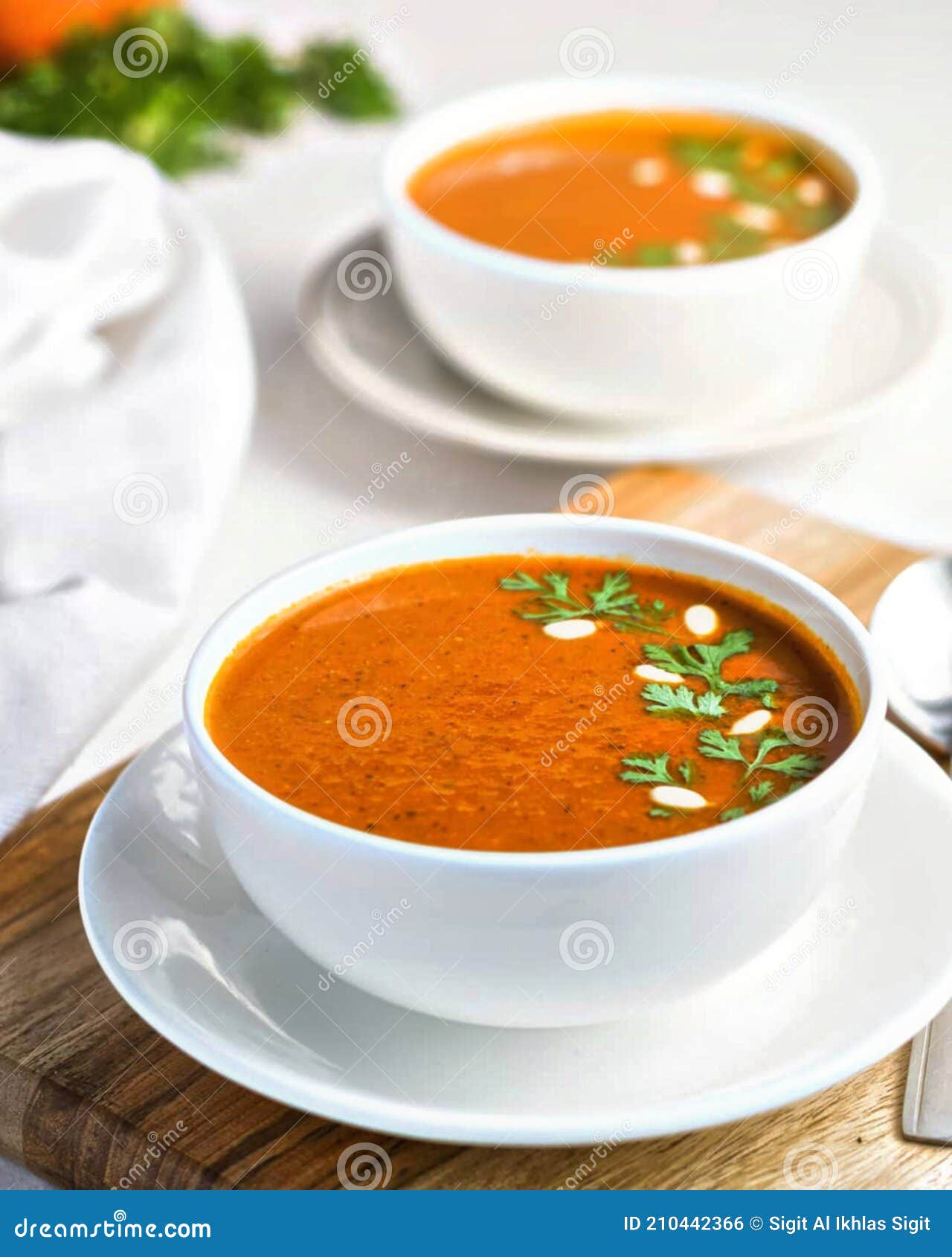Two soups ready to serve stock photo. Image of lunch - 210442366