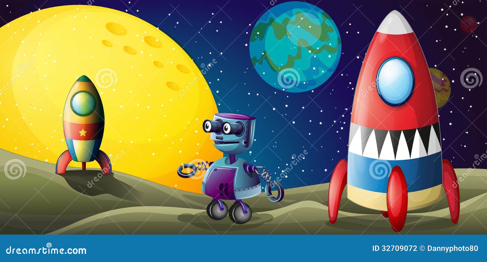 Two Spaceships and a Purple Robot in the Outerspace Stock Vector ...