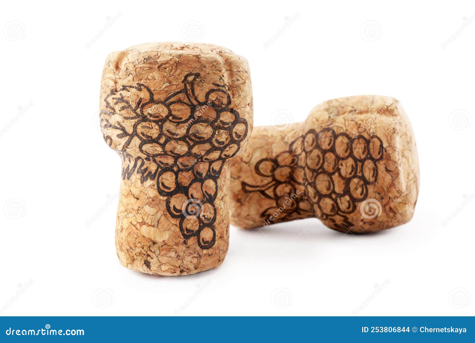 Two Sparkling Wine Corks with Grape Images on White Background Stock ...