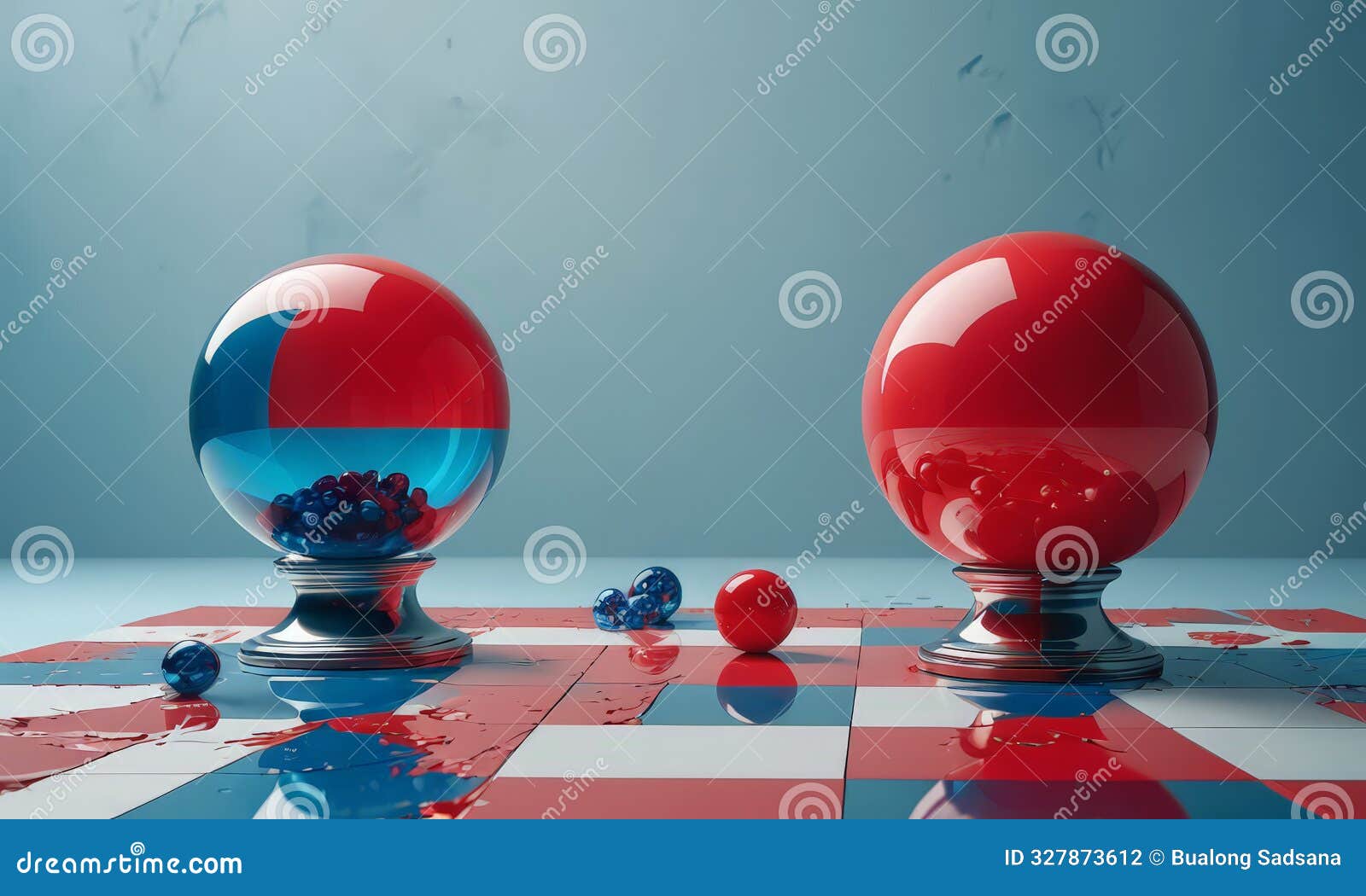 Two Spheres, One Red and One Blue, are Balanced on Checkered Surface ...