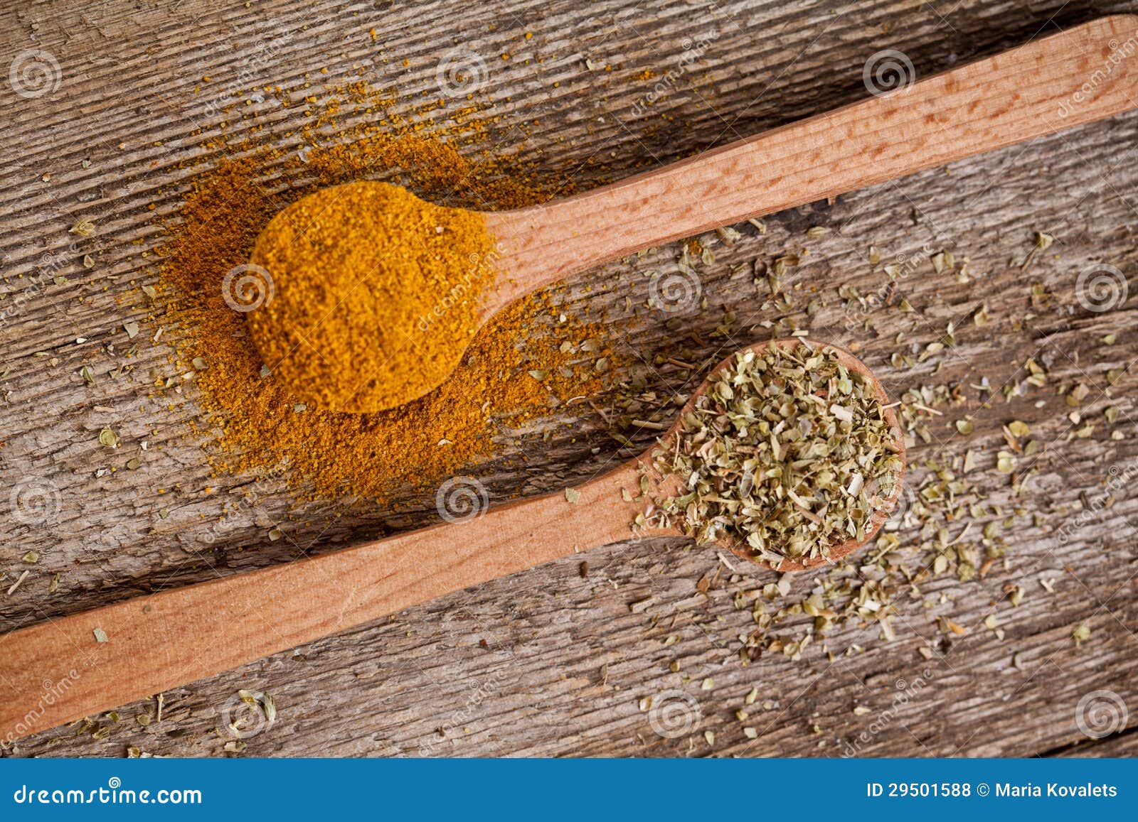 Two Spices in Wooden Spoons Stock Photo - Image of seasoning, oregano ...