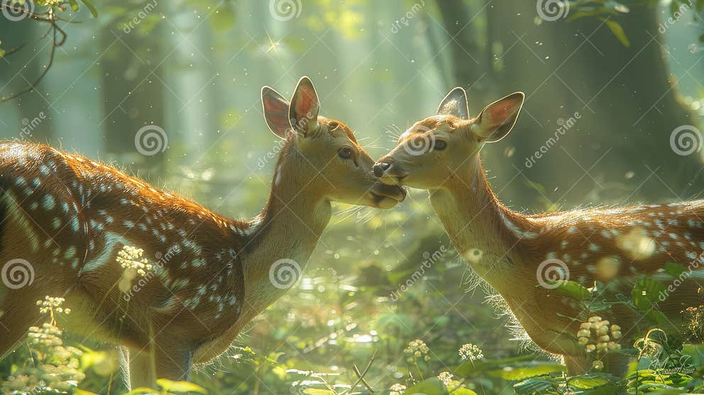 Two Spotted Deer Nuzzling in Forest Stock Photo - Image of affectionate ...