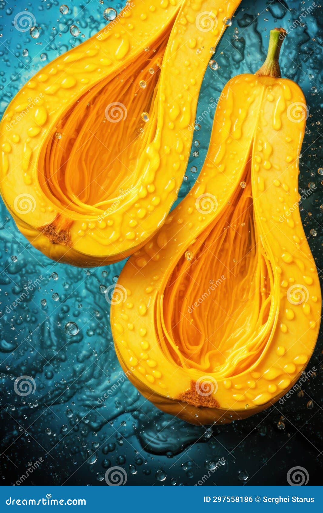 Two Squash Halves with Water Drops on a Blue Background, AI Stock Photo ...