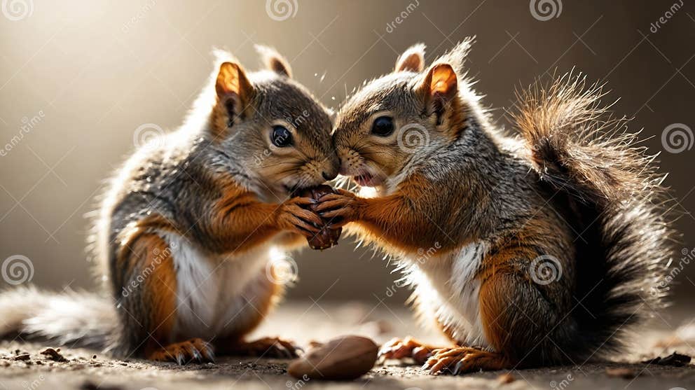 Two Squirrels Playfully Sharing a Nut in a Warm, Soft-lit Environment ...