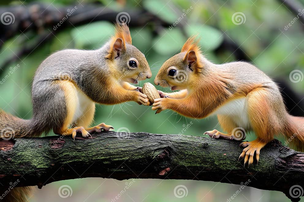 Two Squirrels Sharing a Brazil Nut on Tree Branch Stock Photo - Image ...