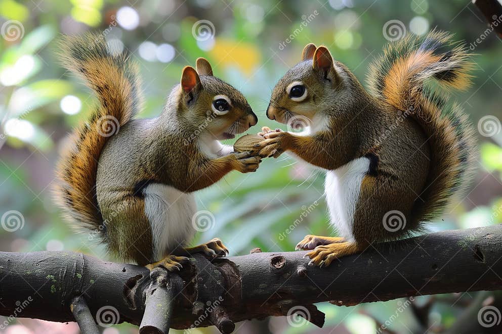 Two Squirrels Sharing a Brazil Nut on Tree Branch Stock Photo - Image ...