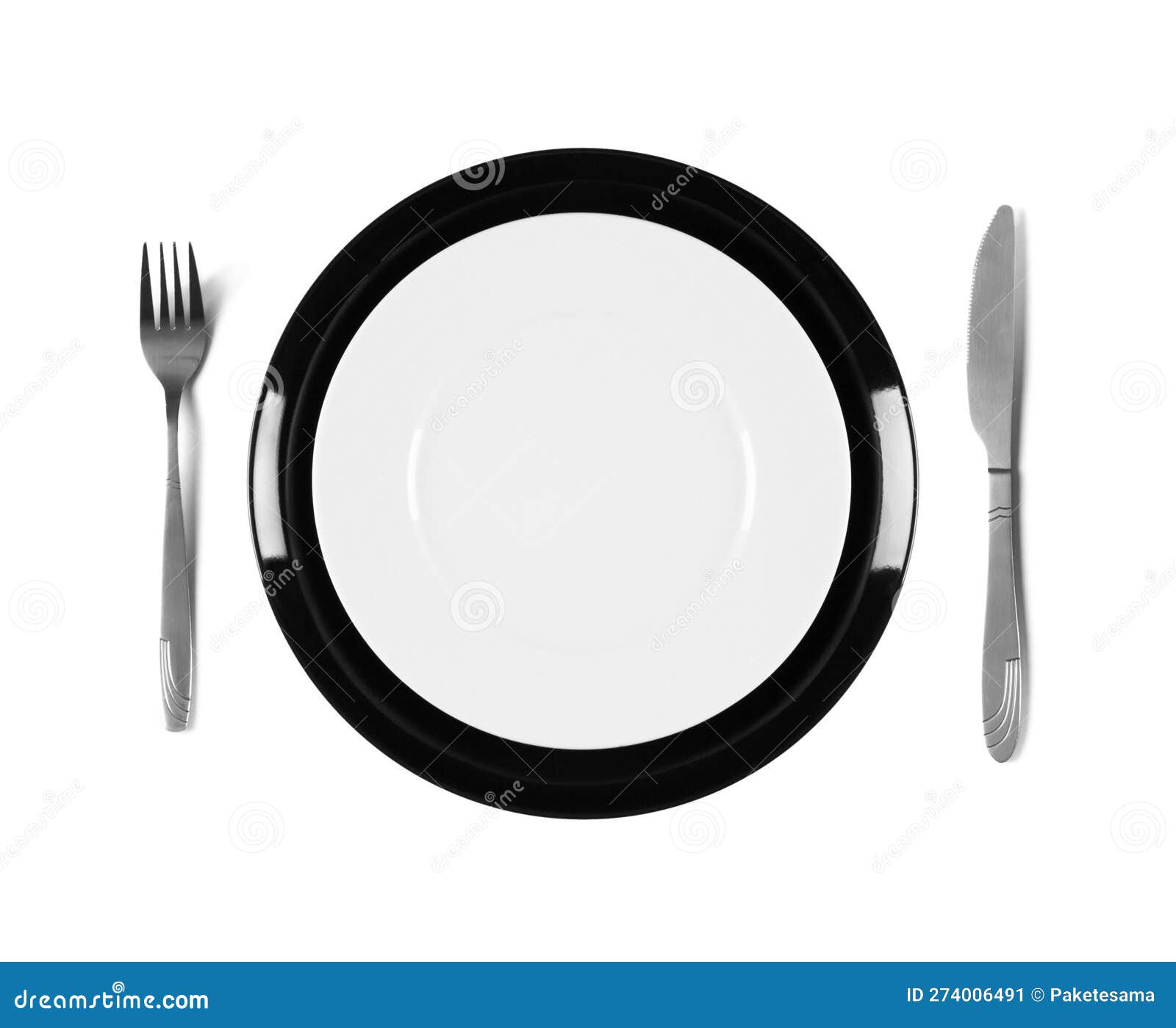 Two Stacked Black and White Plates with Fork and Knife, Isolated on ...