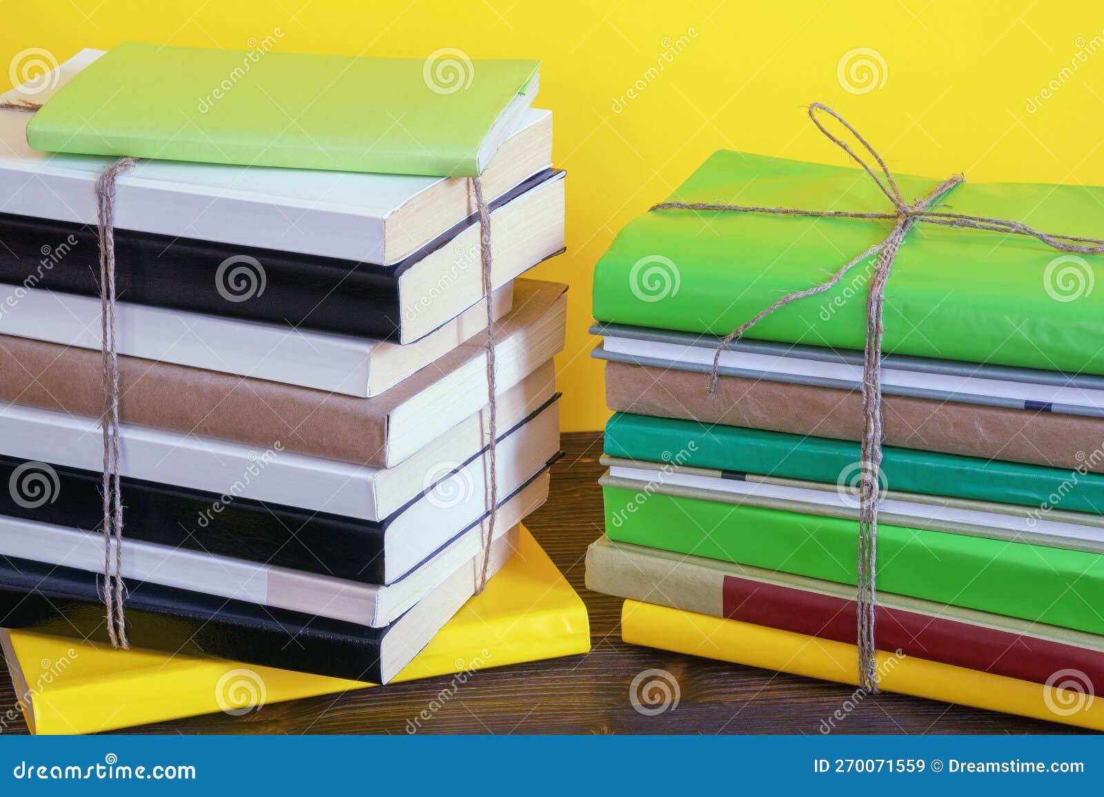 Two Stacks of Different Books Tied with Rope Stock Image - Image of ...