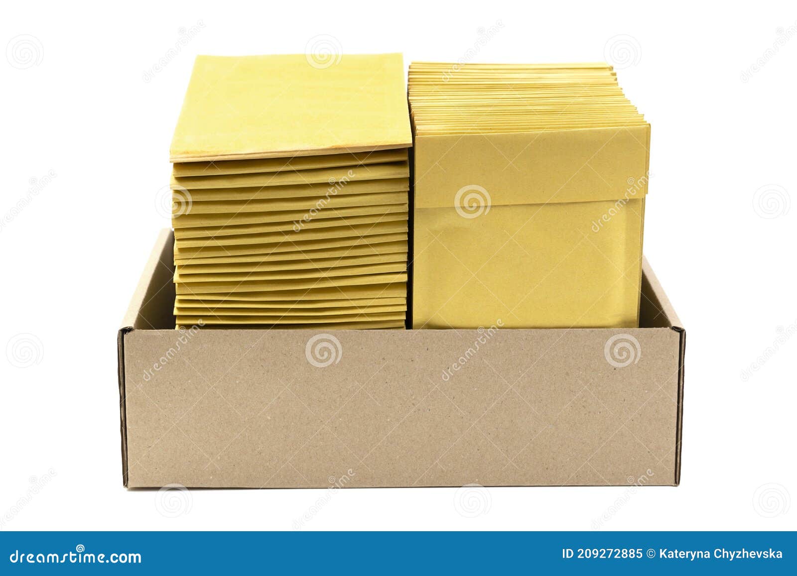 Two Stacks of Padded Bubble Envelopes in a Box Isolated on White Stock ...