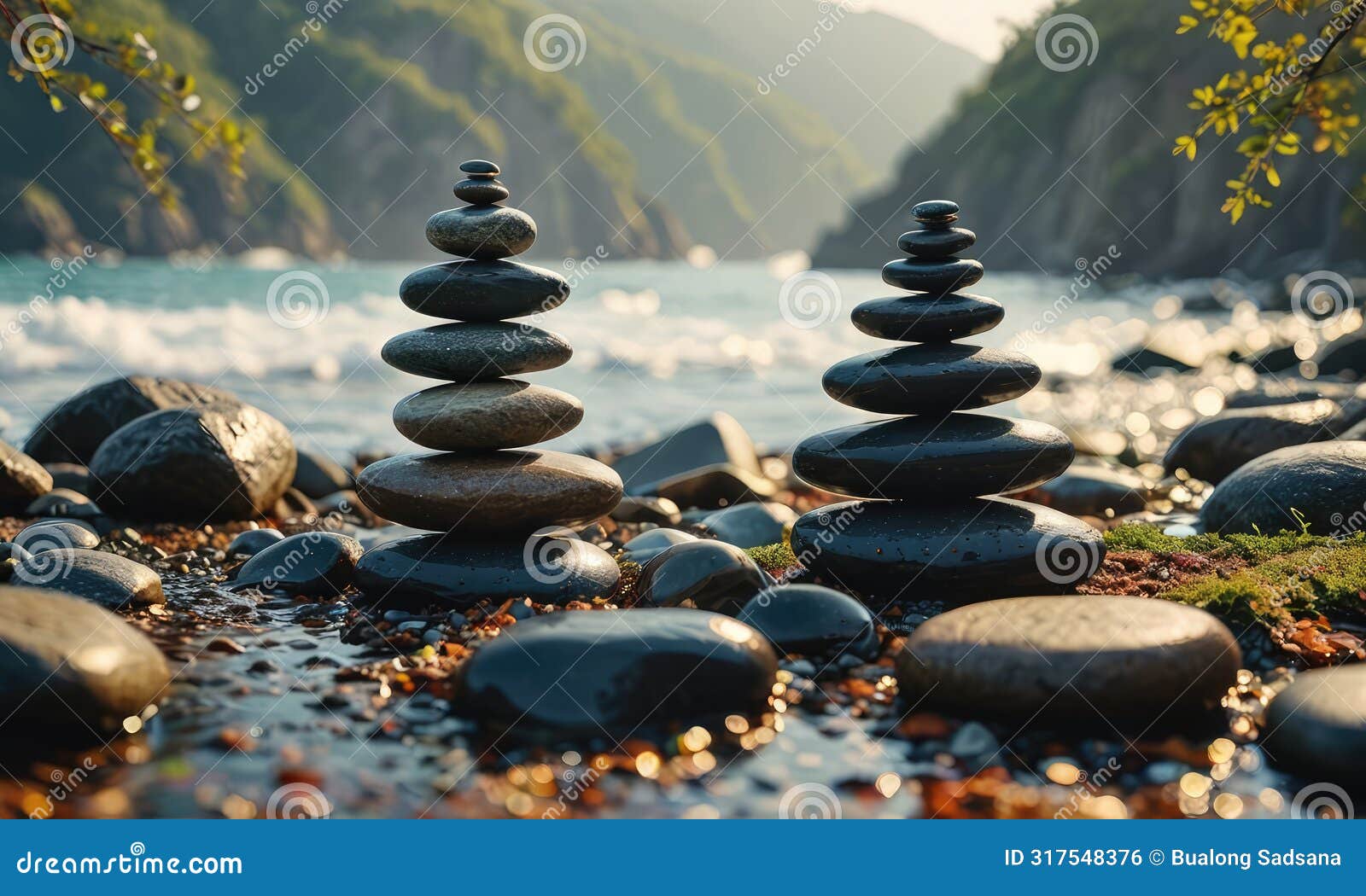 Two Stacks of Rocks are Sitting on the Beach. Stock Illustration ...