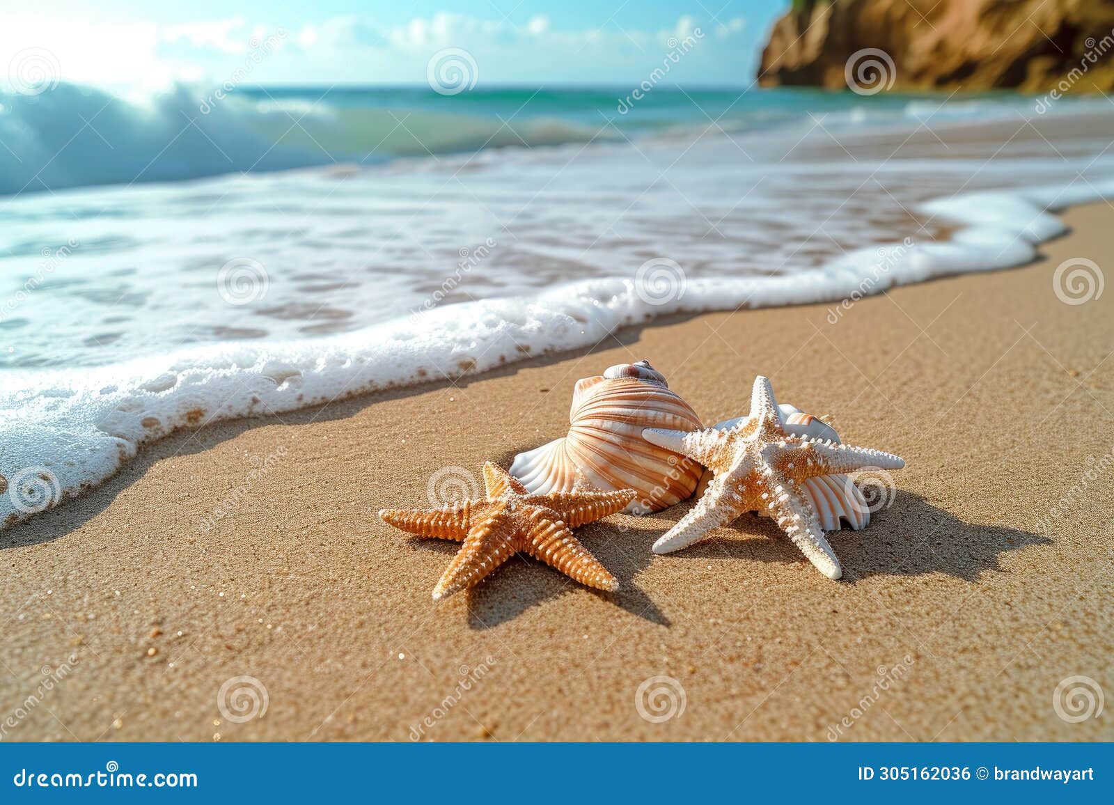 Two Starfish and Seashell on Sandy Beach Stock Illustration ...