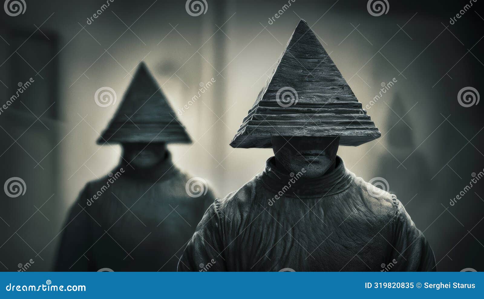 Two Statues with Triangular Hats are Shown in a Dark Room, AI Stock ...
