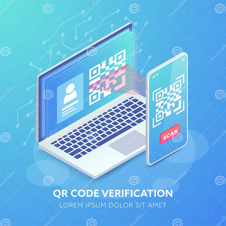 Two Steps QR Code Authentication Isometric Concept. QR Code and Login ...