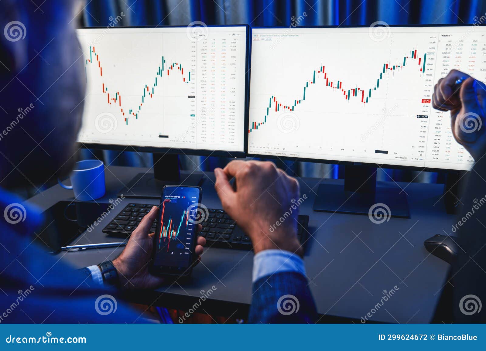 Two Stock Exchange Traders Researching Data on Smartphone and Laptop ...