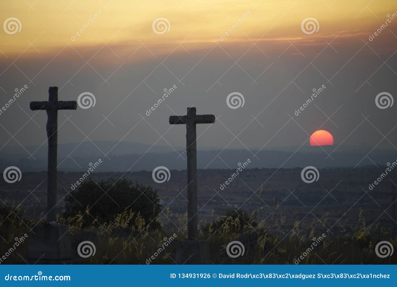 Two Crosses Looking at the Sunset Stock Photo - Image of faith ...