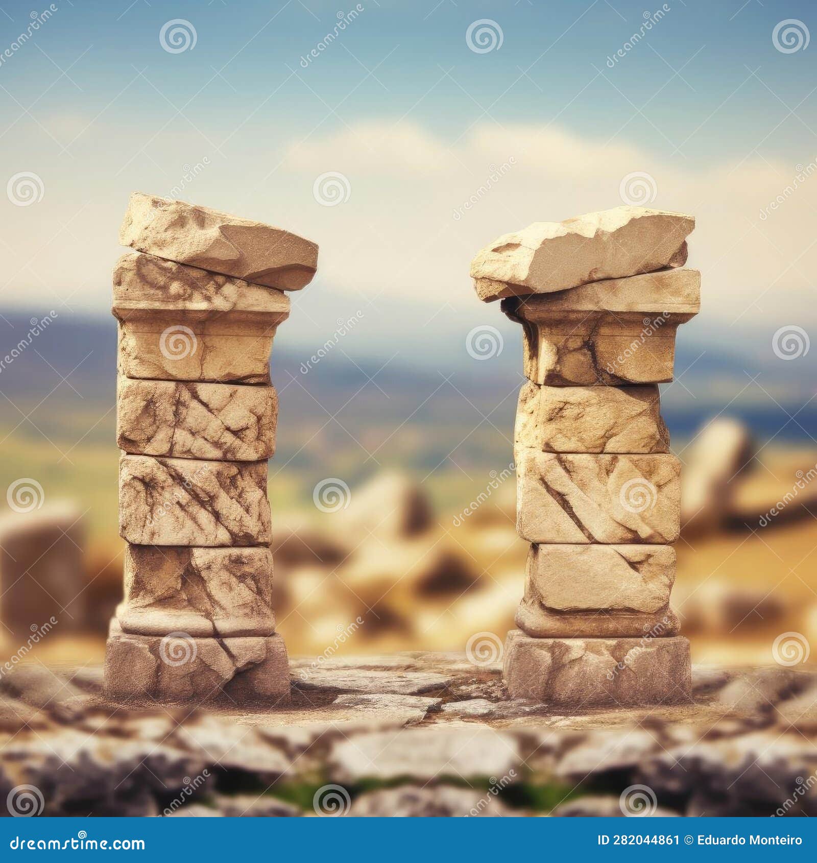 Two Stone Pillars in a Ruin, Each One Holding Up the Other Stock ...