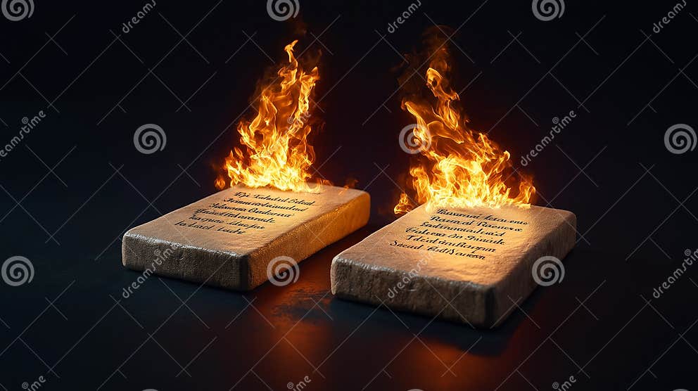 Two Stone Tablets with Burning Flames Featuring Engraved Text Symbolize ...