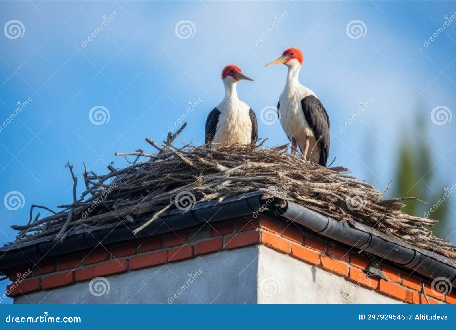 Two Storks Standing in a Nest on a Chimney Stock Photo - Image of ...