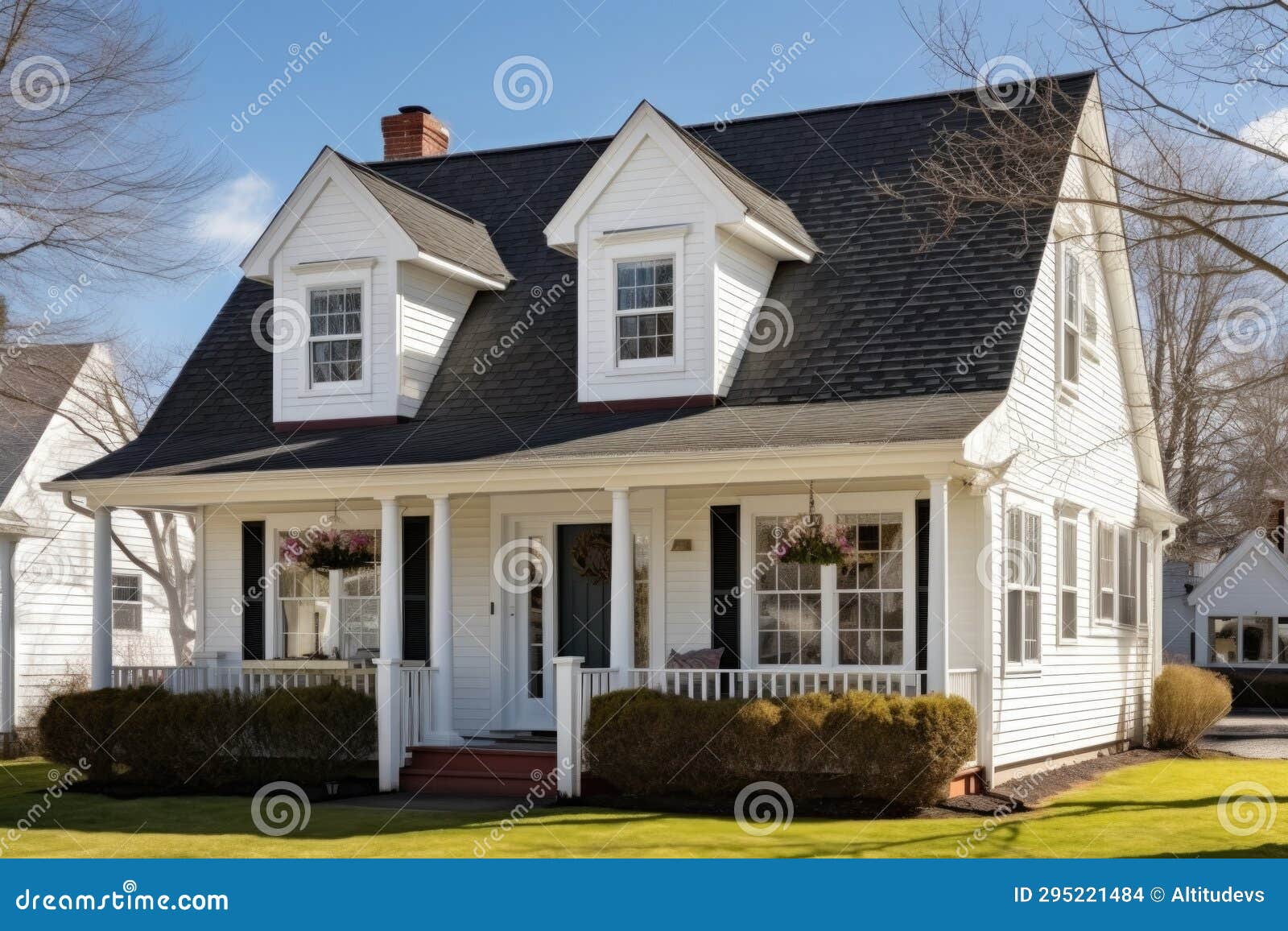 Two-story Dutch Colonial with Wide Dormer Windows in Crisp Light Stock ...