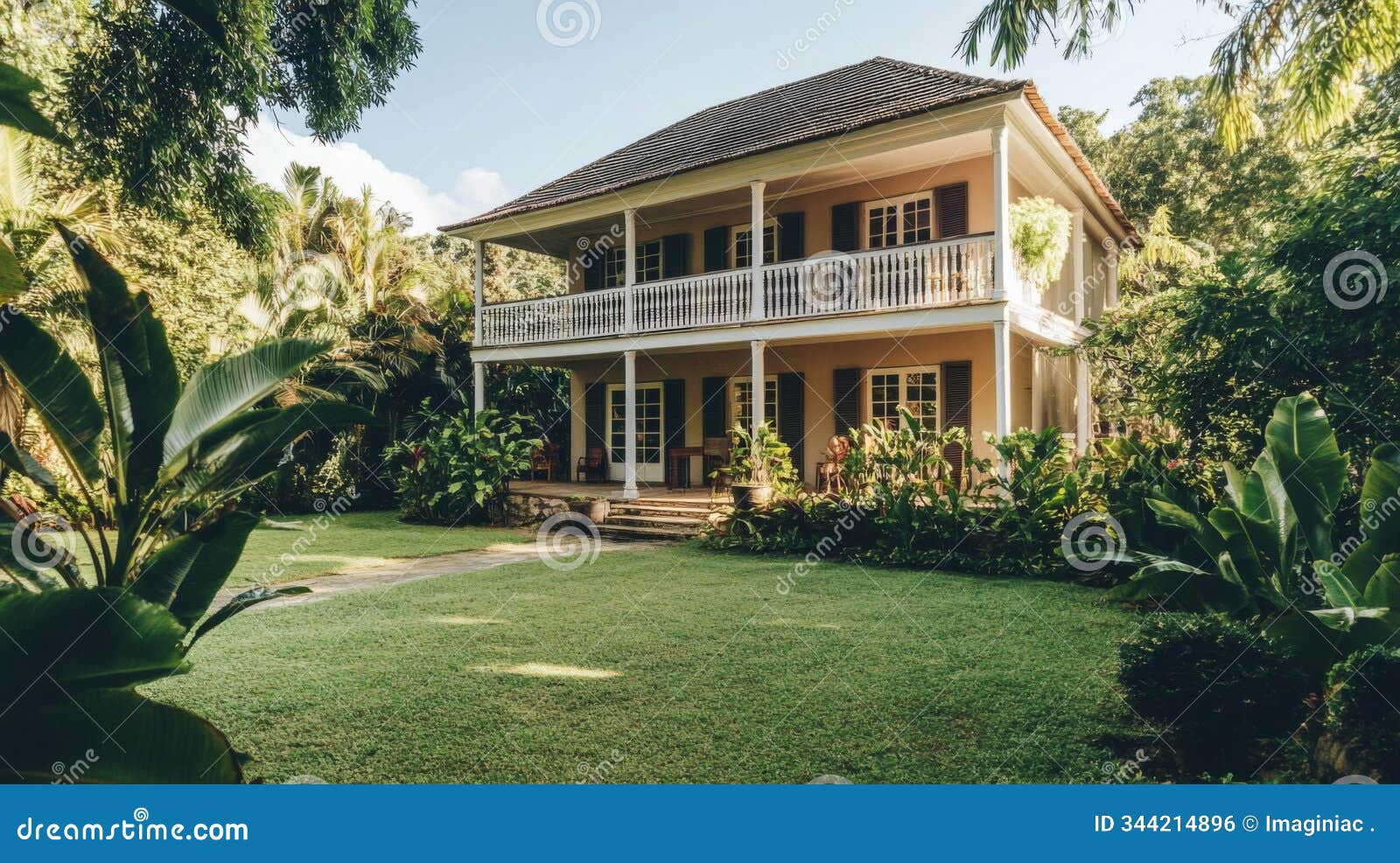 Two-Story House with White Columns and Balcony, Surrounded by Lush ...