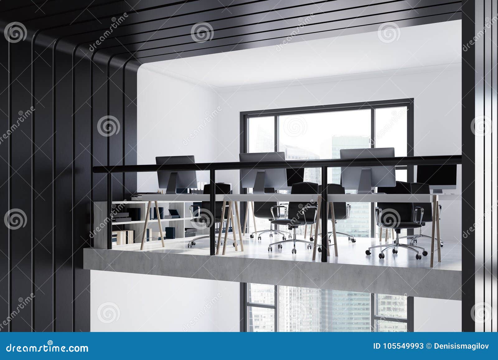Two story office interior stock illustration. Illustration of light ...