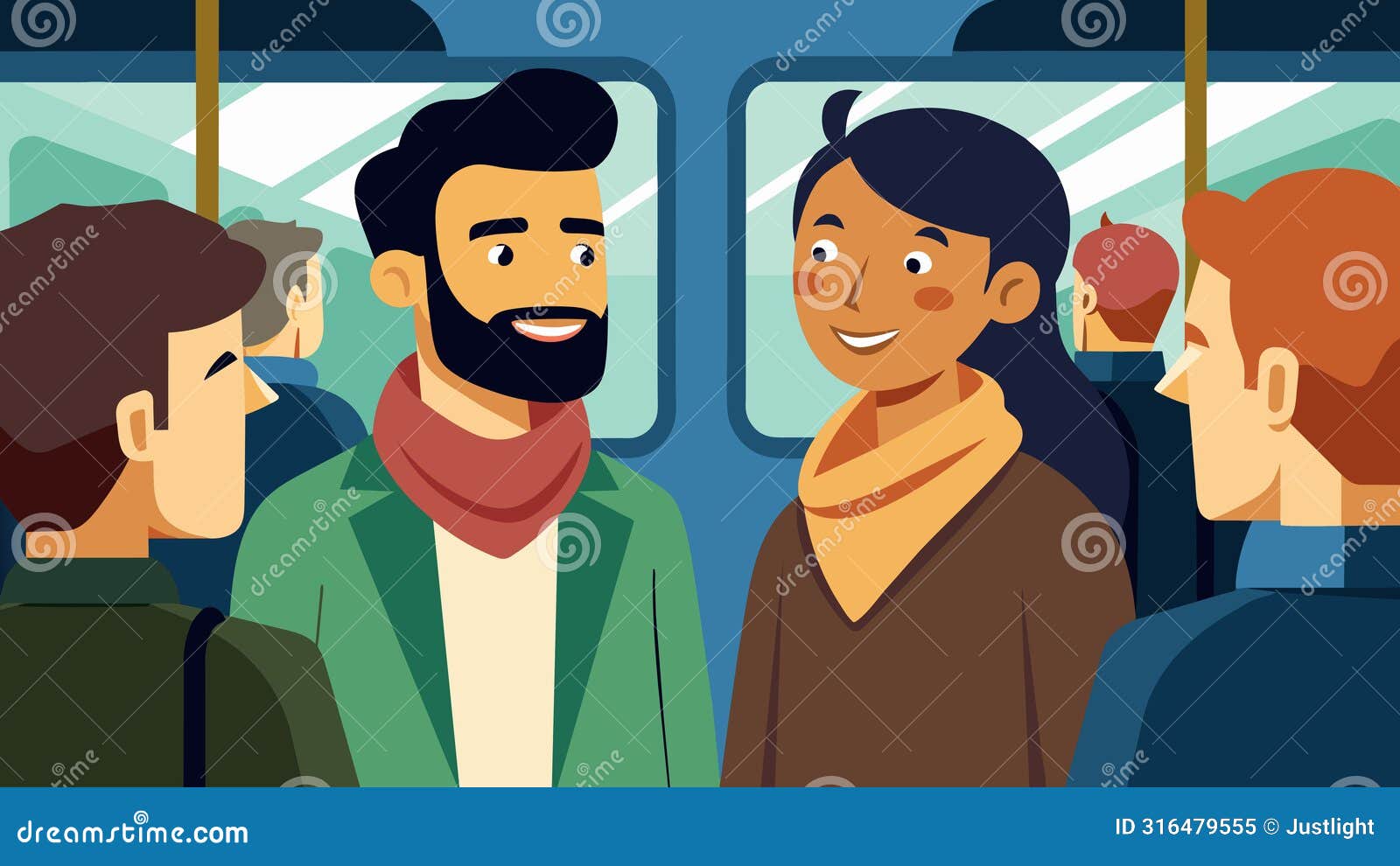 Two Strangers Making Eye Contact And Smiling At Each Other On A Crowded ...