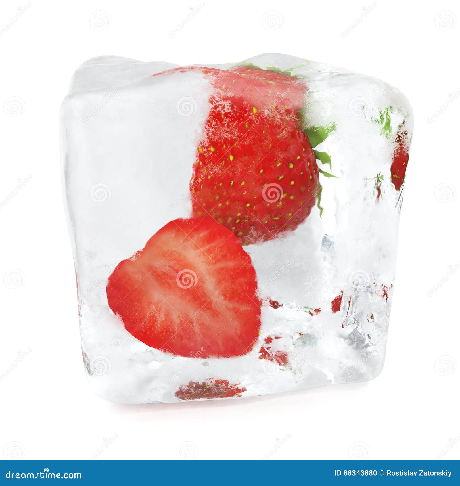 Two Strawberries Frozen in Ice Cube, Ice Cube in Front View, Single Ice ...