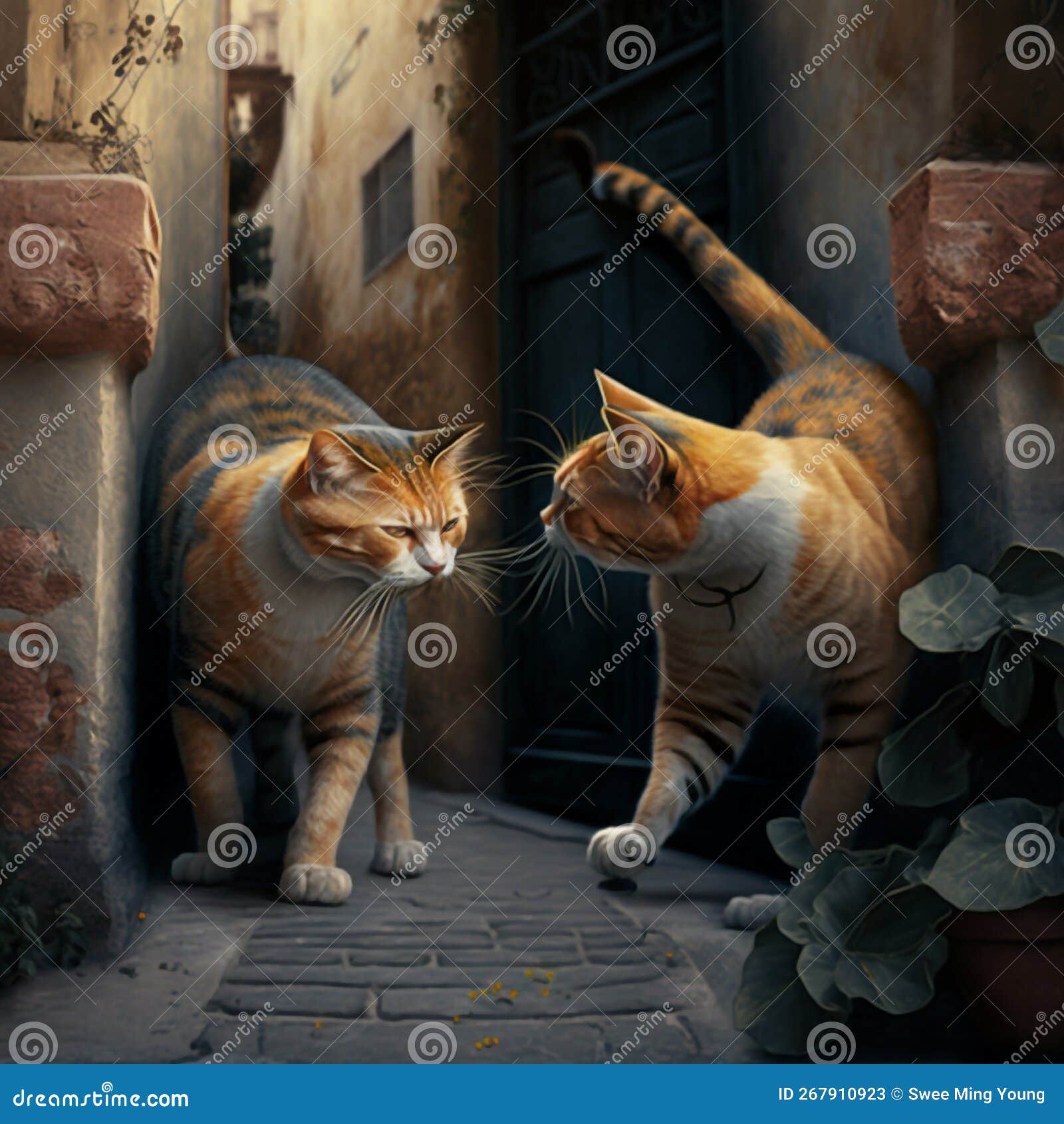 Two Stray Cat Quarreling at the Dark Alley Street. Stock Illustration ...