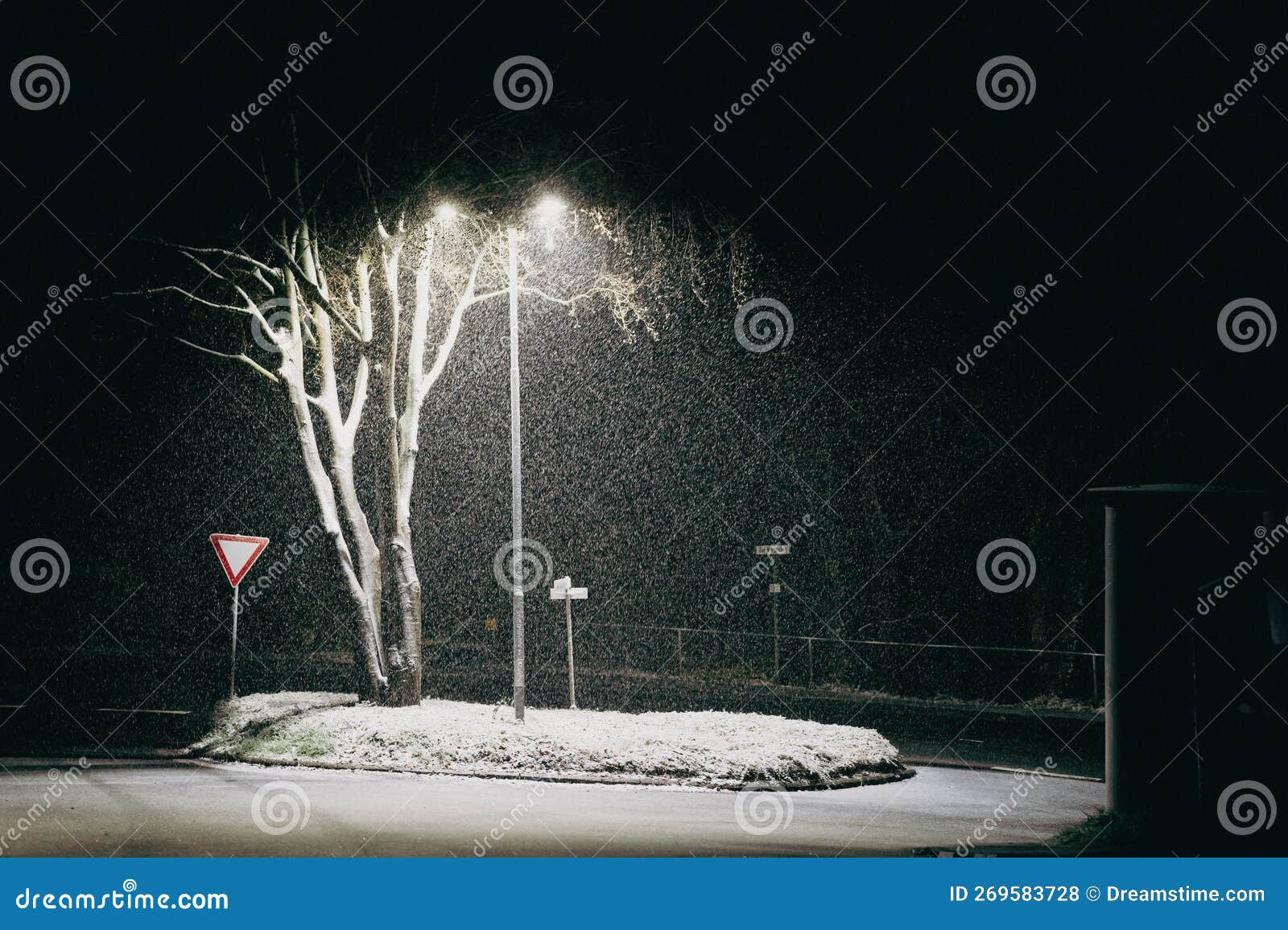 Two Street Lamps in Snowfall at Night. Stock Photo - Image of season ...