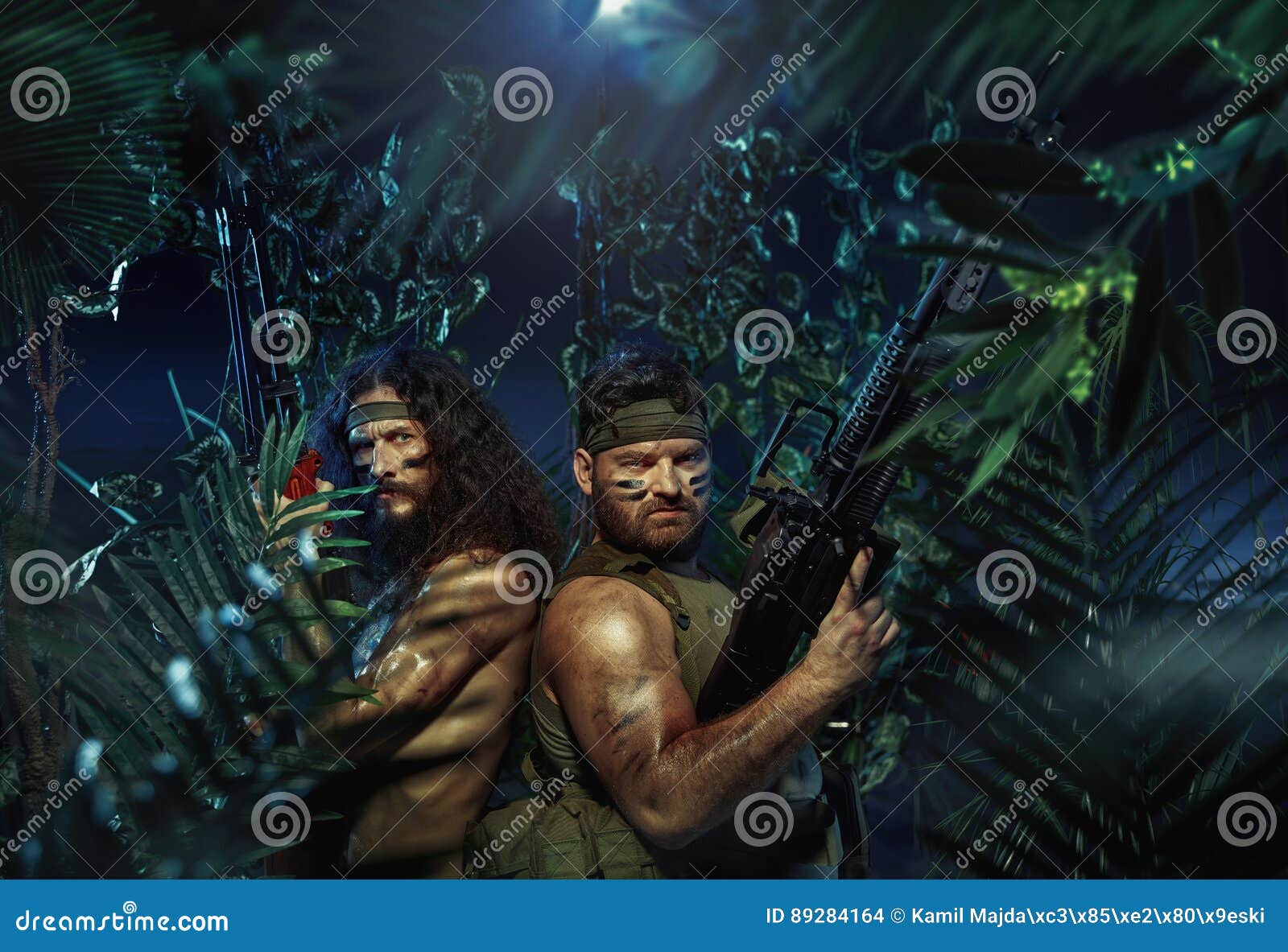 Two Strong Soldiers in the Rain Forest Stock Photo - Image of ammo ...