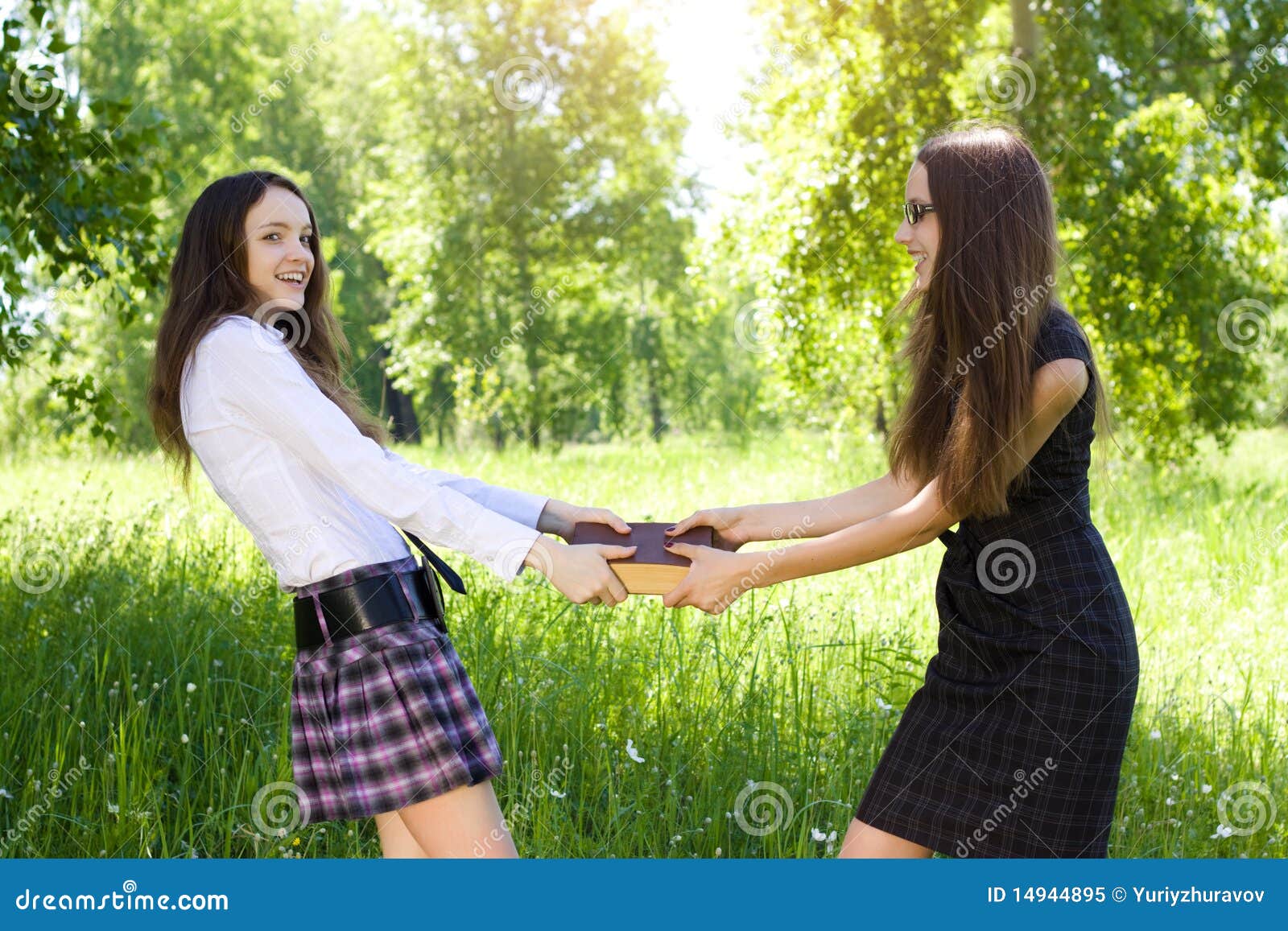 Two Student Girl Taken One Same Book Outdoor Stock Image - Image of ...