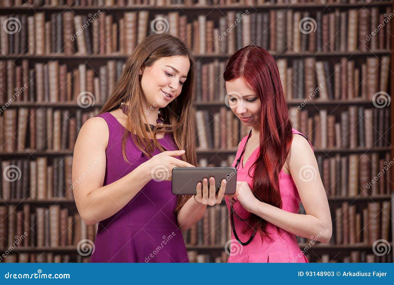 Two Student Girls Learning in Library. Stock Image - Image of student ...