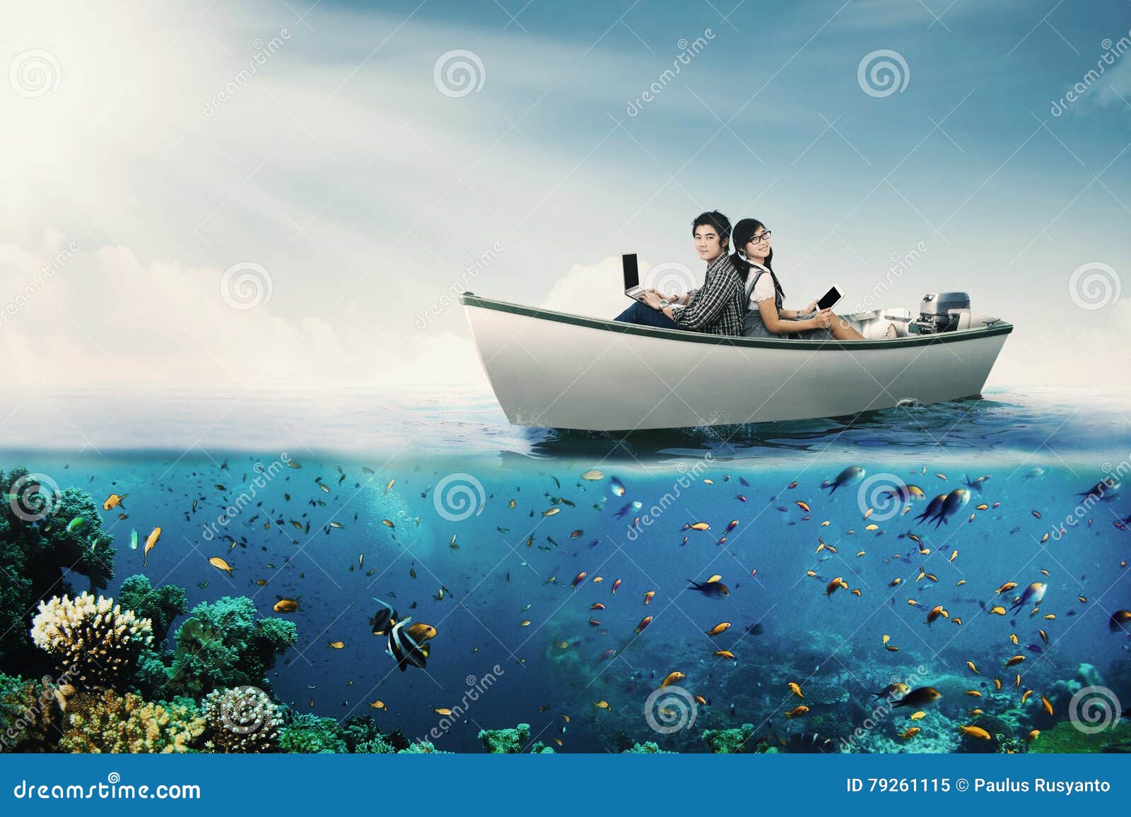 Two Student with Laptop on Boat Stock Image - Image of fish, female ...